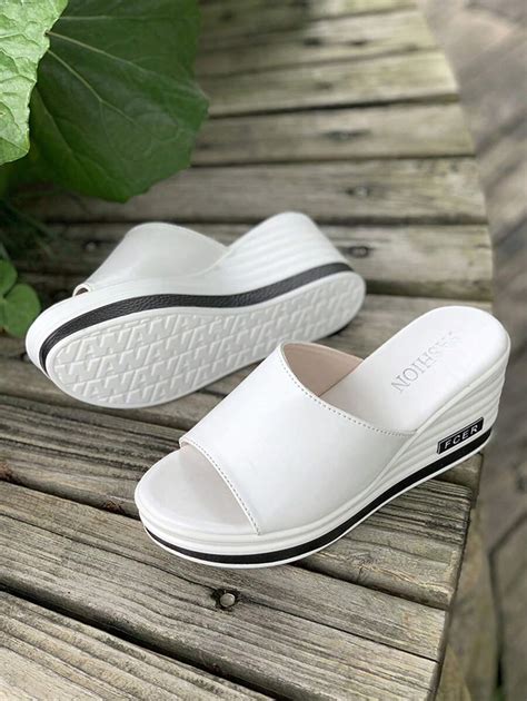 Women Single Band Wedge Sandals Elegant White Wedge Slide Sandals