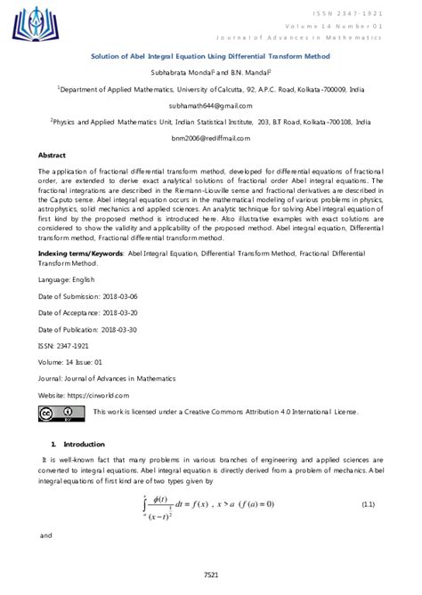 Pdf Solution Of Abel Integral Equation Using Differential Transform