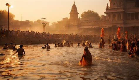 Premium Ai Image A Group Of Devotees Taking A Holy Dip In A River