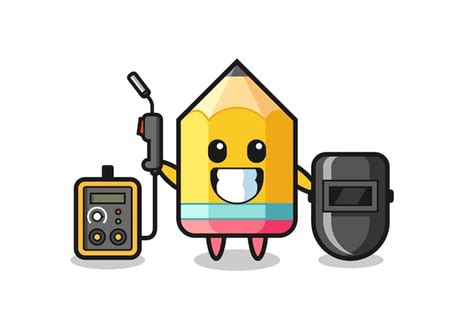 용접기로 연필의 캐릭터 마스코트 프리미엄 벡터