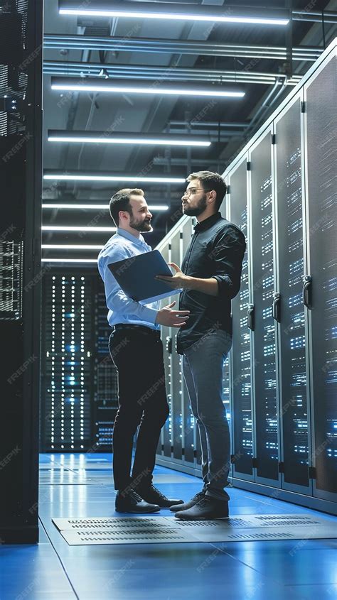 Premium Photo Two It Engineers Standing In Working Data Center