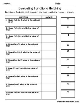 Evaluating Functions Matching Activity TEKS A B By Beyond The Math