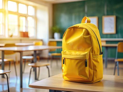 Bright Yellow Backpack On A Modern School Desk A Colorful Classroom