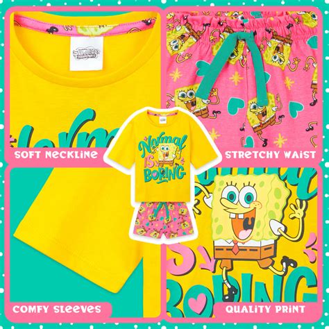 Spongebob Squarepants Girls Pyjamas Cropped T Shirt And Shorts Pjs For