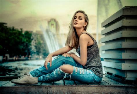 Women Model Blonde Sitting Torn Jeans Wallpaper Girls Wallpaper Better