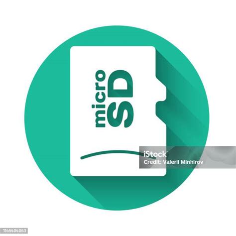 화이트 마이크로 Sd 메모리 카드 아이콘 긴 그림자와 절연 녹색 원 버튼을 클릭 합니다 벡터 일러스트 0명에 대한 스톡 벡터