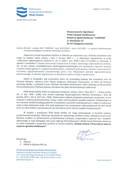 Odpowiedź RZGW w Gdańsku na nasze pismo o dofinansowanie kanalizacji