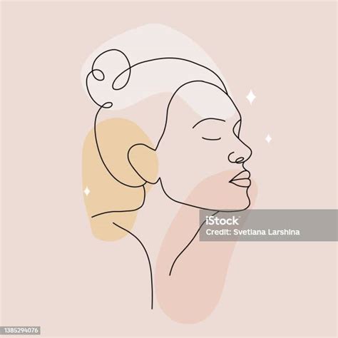 추상적인 여성의 얼굴이 있는 포스터 컬러 스팟에 미니멀 한 여성 초상화 손으로 그린 윤곽 여성 실루엣 한 줄 드로잉 스타일로 벡터 그림입니다 뷰티 패션 디자인 검은색에 대한