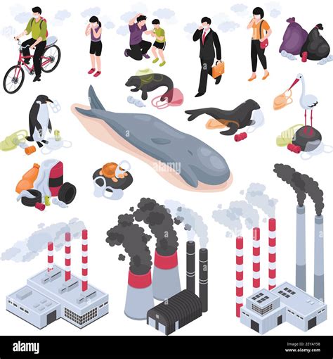 Pollution Isometric Set With Water And Air Pollution Symbols Isolated Vector Illustration Stock