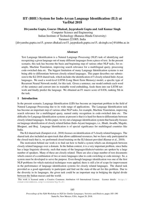 Pdf Iit Bhu System For Indo Aryan Language Identification Ili At Vardial 2018
