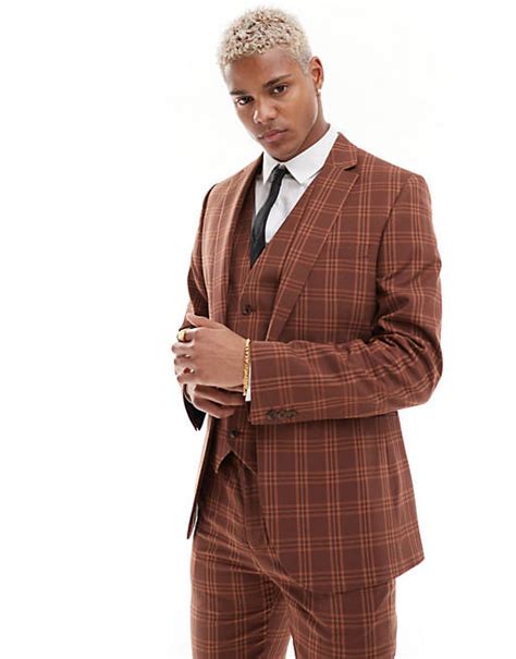Asos Design Super Skinny Suit Jacket In Stone Tonal Check Asos
