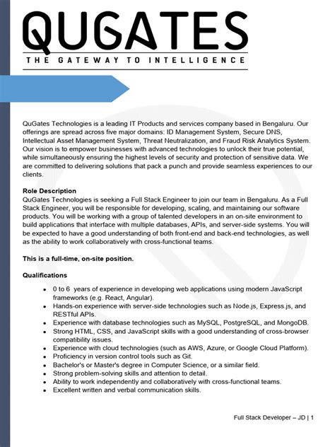 Full Stack Developer Jd Qugates Technologies Pdf Databases Art