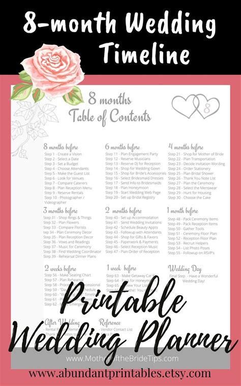 8 Month Wedding Planner Printable Vintage Theme Black And White PDF