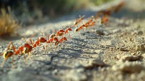 A Group Of Ants Marching In A Line Carrying Small Bits Of Vegetation