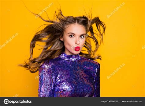 Photo Of Young Girl Pouted Lips Send Air Kiss Blow Hair Wear Glamour