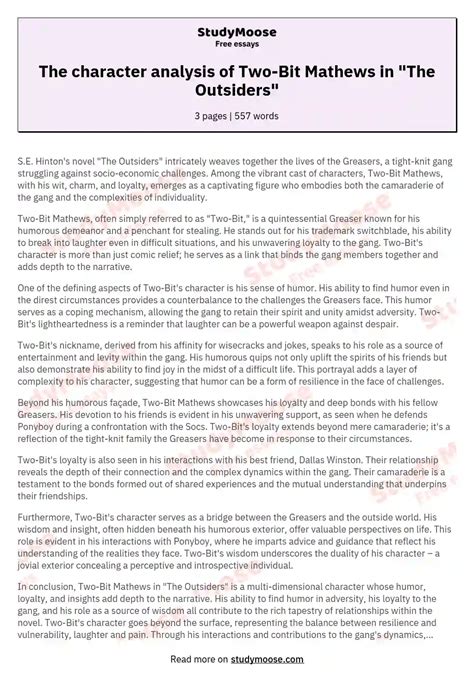 The Character Analysis Of Two Bit Mathews In The Outsiders Free Essay Example