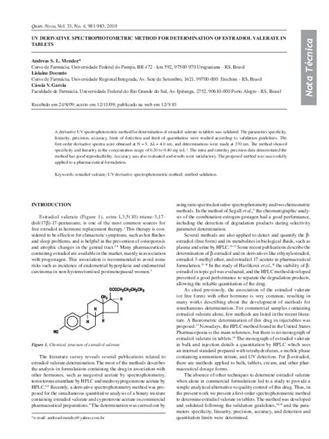 Pdf Uv Derivative Spectrophotometric Method For Determination Of Estradiol Valerate In Tablets