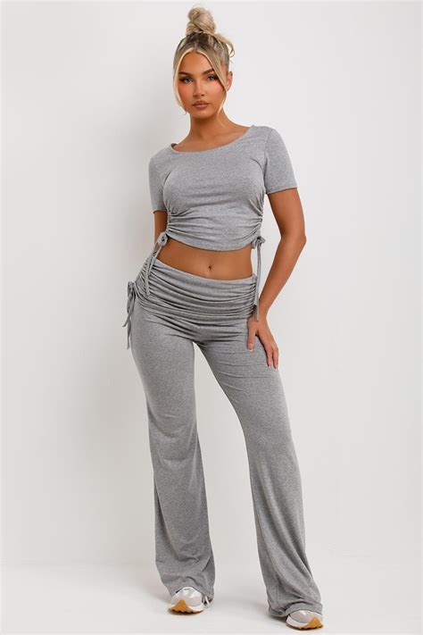 Womens Ruched Fold Over Flared Trousers Crop Top Co Ord Set Grey