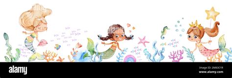 Horizontal Banner With Cute Watercolor Girls Mermaid Multicultural