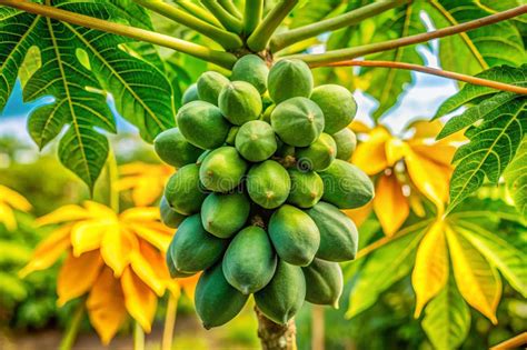 Unripe Pawpaw Fruit A Tropical Treasure Awaits Ripening In Lush Garden