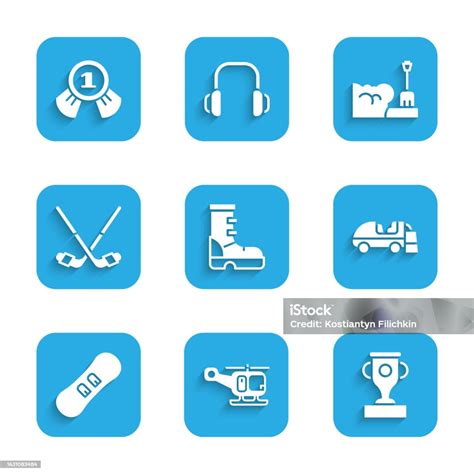 방수 고무 장화 구조 헬리콥터 보너스 컵 얼음 Resurfacer 스노우 보드 하키 스틱 눈 더미에 삽 및 메달 아이콘을 설정합니다 벡터 겨울에 대한 스톡 벡터 아트 및