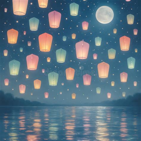 Floating Sky Lanterns Illuminate A Night Sky Reflected In Sparkling