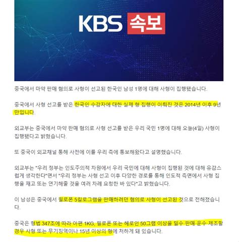 속보 중국 한국인 마약사범 1명 사형 집행2014년 이후 9년 만 Dogdripnet 개드립