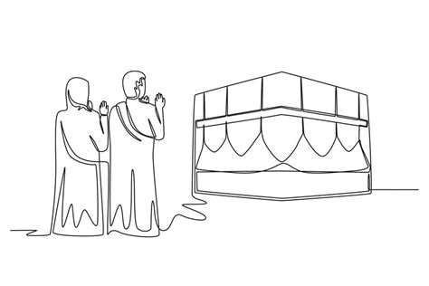 흰색 전통 의상을 입은 무슬림 부부의 아내와 남편이 카바 하지와 움라 개념에 대해 기도하는 연속 한 선 그리기 단일 선 그리기 디자인 벡터 그래픽 그림 프리미엄 벡터