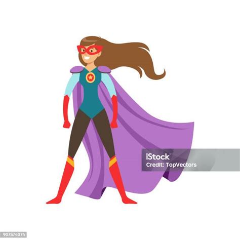 전통적인 영웅 포즈 만화 벡터 일러스트 레이 션에에서 서 있는 슈퍼 영웅으로 서 젊은 여자 캐릭터 옷 개념에 대한 스톡 벡터 아트 및 기타 이미지 Istock