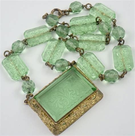 Antique Art Deco Signed Czech Gold Gilt Brass Etched Art Green Glass