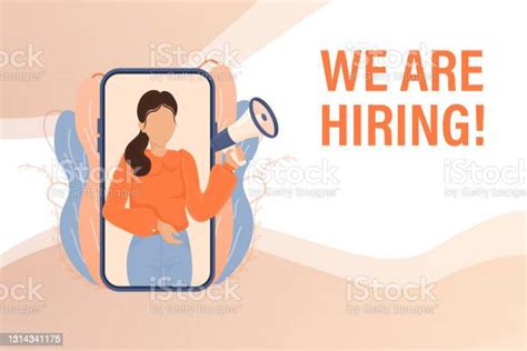 메가폰으로 외치는 여자 우리는 단어를 고용하고 있습니다 템플릿 디자인 웹 모바일 앱 포스터 배너 전단지 배경에 대한 벡터 일러스트 개념 구인 중에 대한 스톡 벡터 아트 및