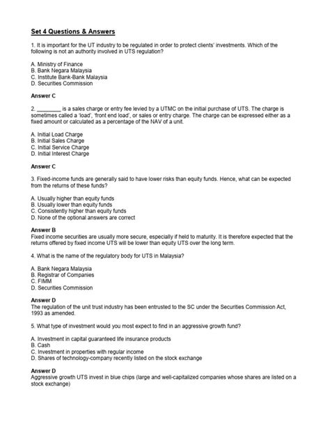 Unit Trust Ut Sample Questions Set 4 Pdf Investment Fund