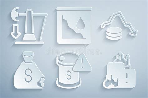 Set Drop In Crude Oil Price Dollar Rate Decrease Money Bag Fire