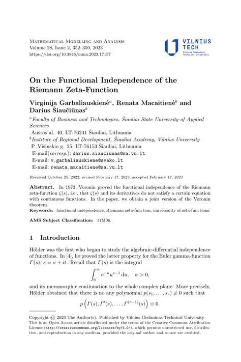 PDF On The Functional Independence Of The Riemann Zeta Function