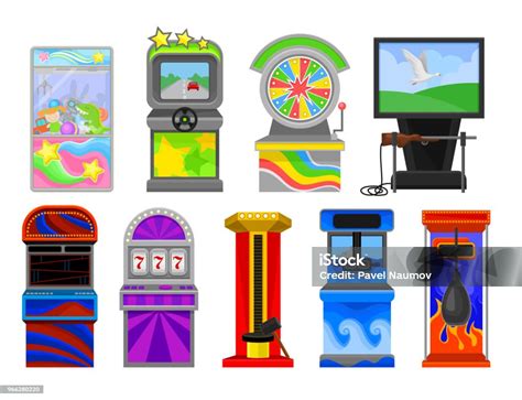 평면 벡터의 다양 한 아케이드 기계 설정합니다 권투 발톱 크레인 강도 시험기 자동차 시뮬레이터 슈팅 게임 행운의 휠 0명에 대한 스톡 벡터 아트 및 기타 이미지 Istock
