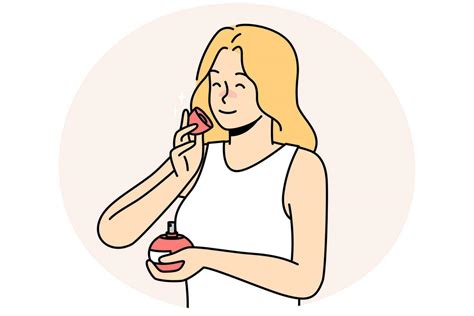 Smiling Young Woman Smelling Perfume Happy Girl With Bottle Enjoy Good