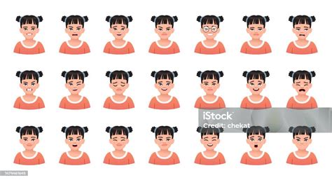 아름 다운 검은 머리 소녀의 표정입니다 귀여운 백인 아이의 다른 감정의 집합입니다 미소 행복 분노 기쁨 놀라움 두려움 등 미소에 대한 스톡 벡터 아트 및 기타 이미지