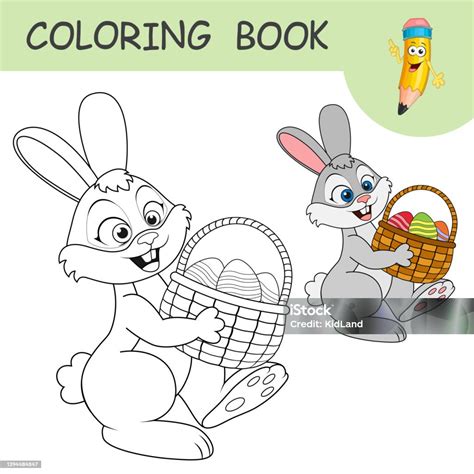 장식 된 계란으로 가득 찬 바구니를 나르는 부활절 토끼 측면보기 색칠 공부 무색 및 색상 샘플의 템플릿 색칠 페이지에 토끼 Shool 또는 유치원 어린이를위한 연습 워크