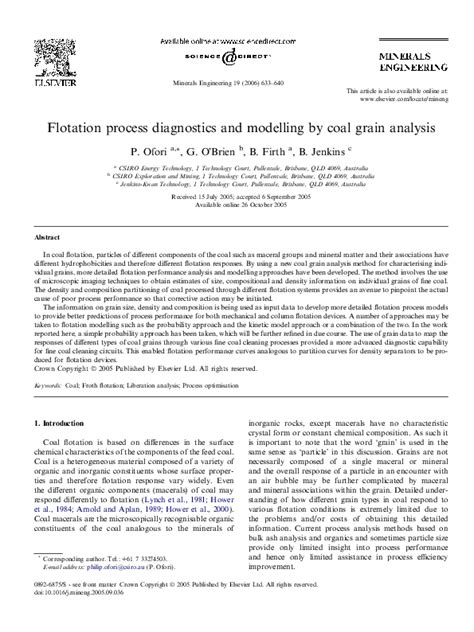 Pdf Flotation Process Diagnostics And Modelling By Coal Grain Analysis