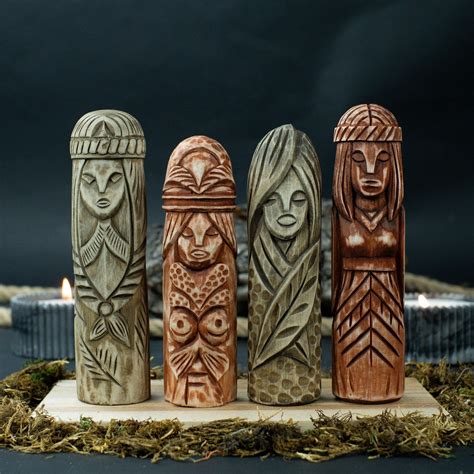 Collection Of 4 Norse Goddess Statues Wooden Pagan Figurines For