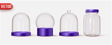 빈 유리 크리스마스 돔 유리 스노우 글로브 및 보라색 베이스가 있는 항아리의 사실적인 3d 디자인의 크리스마스 장식 개체를