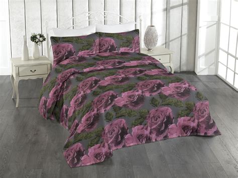 Ambesonne Rose Quilted Bedspread Set 3 Pcs Romantic Pattern Flowers