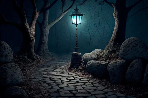 Premium Photo Split Cobbled Path In The Middle Of The Forest At Night