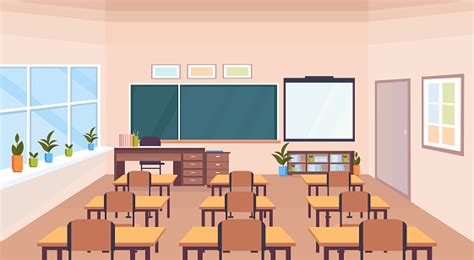현대 학교 교실 인테리어 분필 보드 책상 빈 아니 사람 가로 배너 플랫 교실에 대한 스톡 벡터 아트 및 기타 이미지 교실