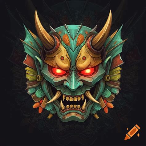Illustration Of A Red Japanese Oni Mask With Gold Horns And Fangs On