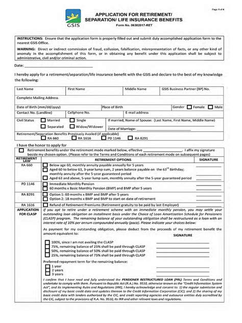 Gsis Form Retirement Separation Life Insurance 06302017 Pdf