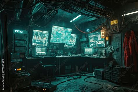 Cyberpunk Hacker Den In A Dark Underground Space With Screens And Tech