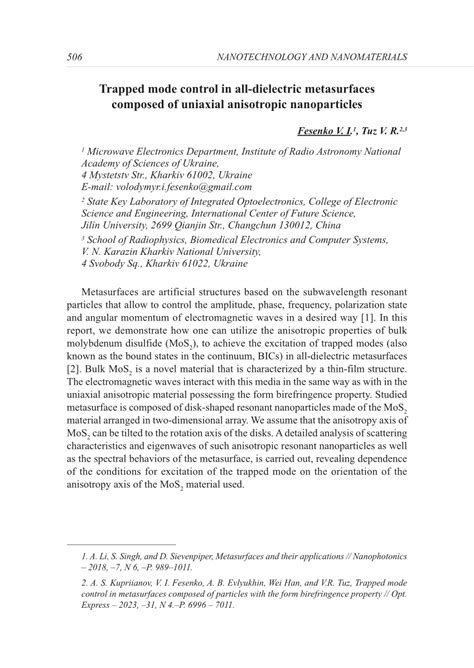 Pdf Trapped Mode Control In All Dielectric Metasurfaces Composed Of