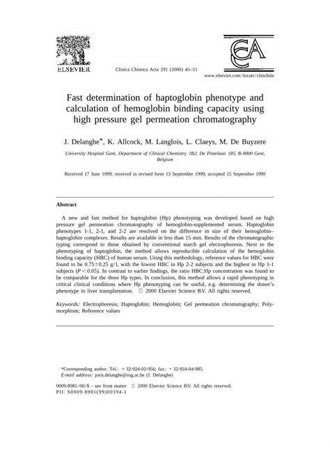 Pdf Fast Determination Of Haptoglobin Phenotype And Calculation Of Hemoglobin Binding Capacity