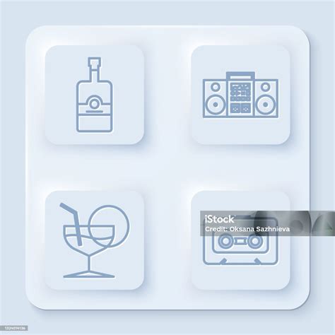 세트 라인 위스키 병 두 스피커홈 스테레오 마티니 유리와 복고풍 오디오 카세트 테이프 흰색 정사각형 버튼 벡터 고풍스런에 대한